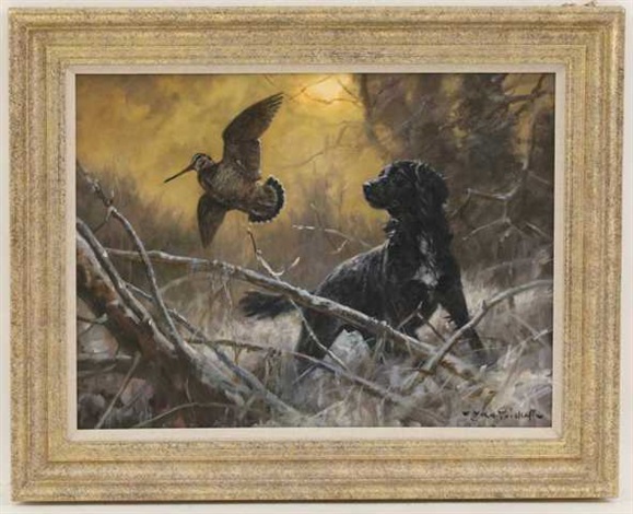 Cocker spaniel flushing woodcock by John Trickett on artnet