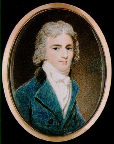 Thomas Barrett wearing blue coat with black collar, white waistcoat and tied stock by Henry ...