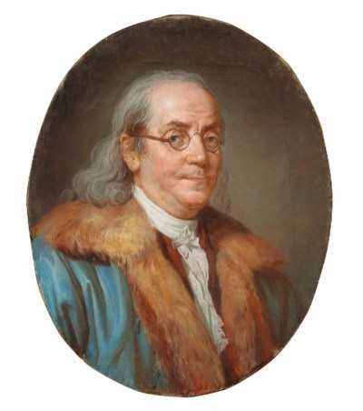 Portrait de Benjamin Francklin, à mi-corps, en manteau bleu et col de ...