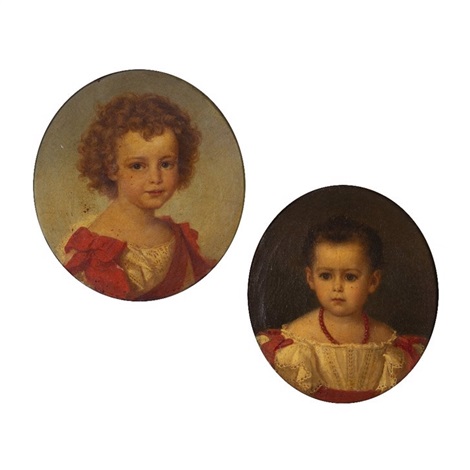 Portrait of a young child with curly brown hair wearing a coral ...