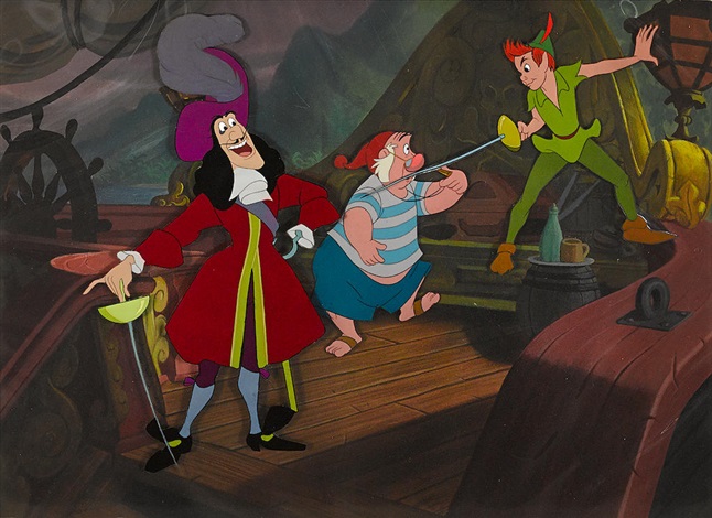 A celluloid of Captain Hook, Smee, and Peter Pan from Peter Pan by Walt ...