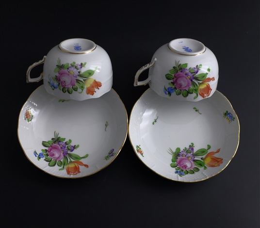 A Pair of Herend Porcelain Printemps Pattern Tea Cups and Saucers by ...