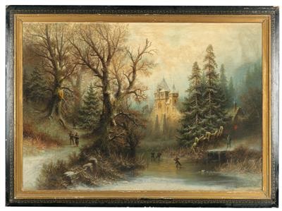 Romantic Winter Landscape with Ice Skaters by a Castle by Albert Bredow ...