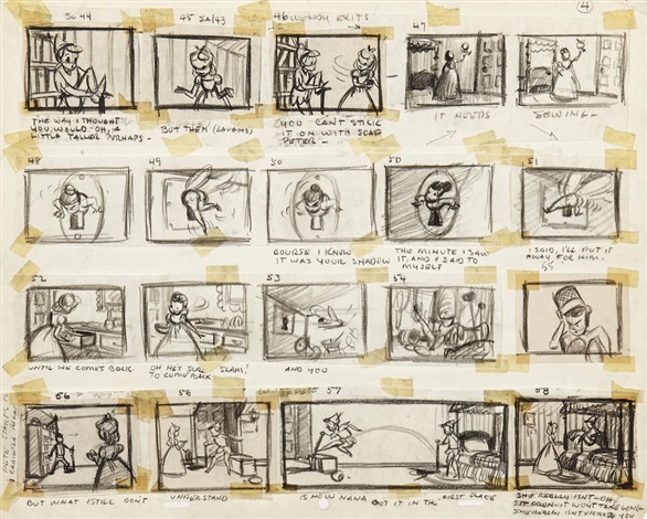 A group of storyboards and concept drawings with artistic notes from ...