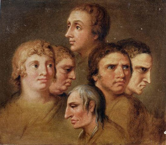 The four humours A head in profile to the left above two pairs of heads ...