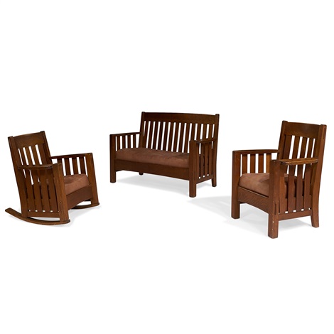 three-piece parlor set settle, rocker and armchair by Harden Arts ...