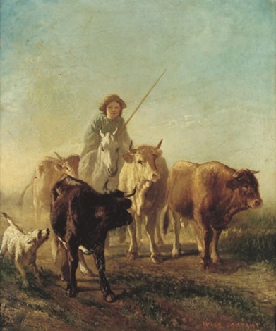 Jeune garçon avec son chien et son troupeau de vaches by Jules Contant ...