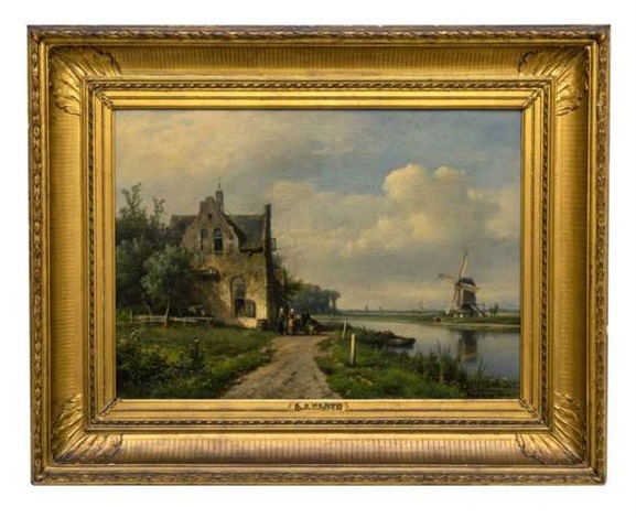 Pushing a vegetable cart by a sun-lit stream by Lodewijk Johannes ...