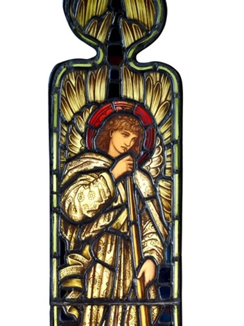 TWO ANGELS WITH LONG TRUMPETS, A PAIR OF STAINED GLASS PANELS by Edward ...
