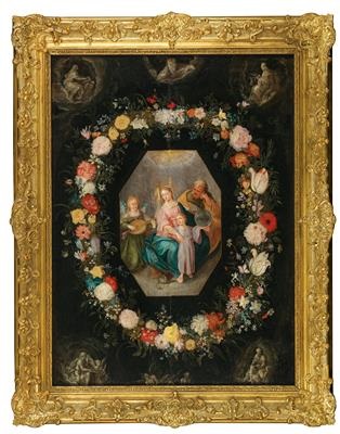 A garland of flowers around a medaillon with the Holy Family and a ...