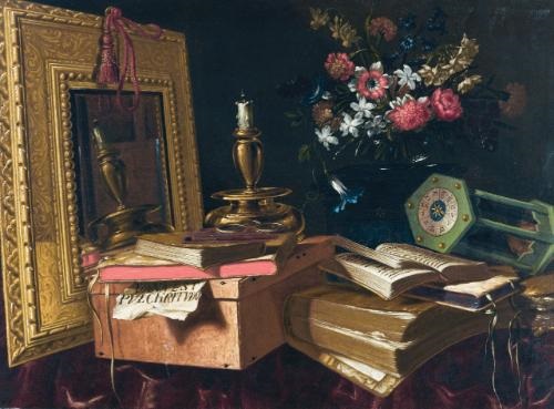 A vanitas still life with a mirror, a candle, an hourglass, books ...