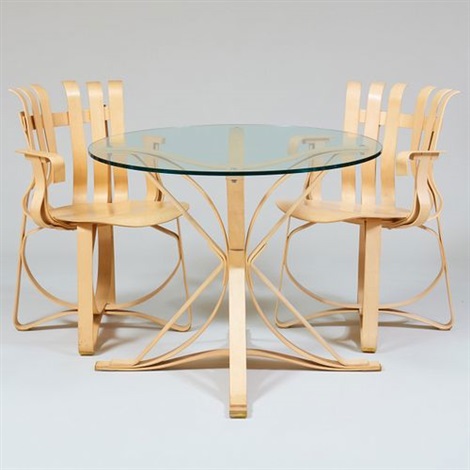 Frank Gehry for Knoll Laminated and Bent Maple Face Off Table and Two ...