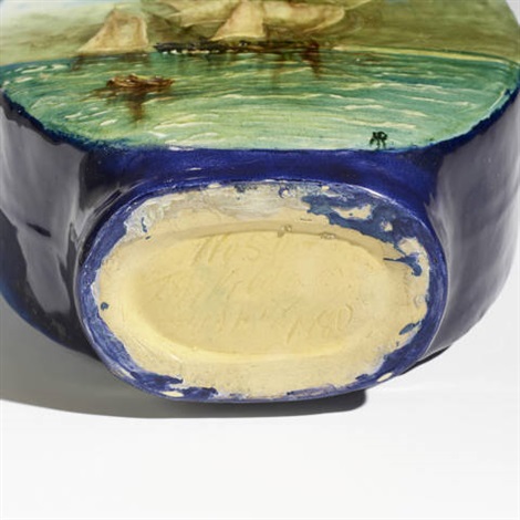 Early Limoges style vase with large Dutch galleon and boats at sea by ...