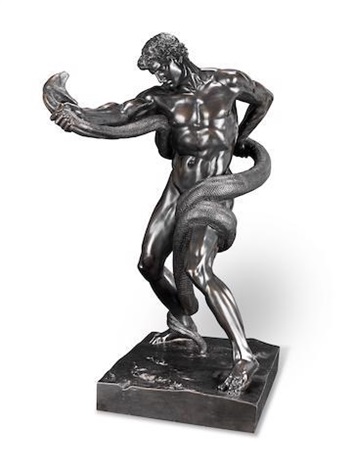 A LARGE BRONZE FIGURE OF AN ATHLETE WRESTLING A PYTHON by Lord Frederic ...