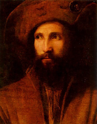 Portrait of a young man, bust length, in a coat and brown hat ...