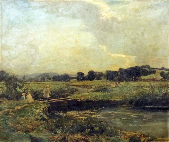 River landscape with three children on bridge to foreground and cattle ...