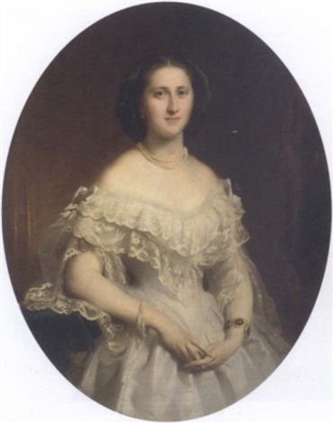 Portrait of Anna Waldeck in a cream dress with lace trim, wearing ...