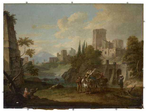 An Italianate river landscape with drovers and cattle on a path, a town ...