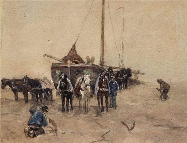 Paarden bij een bomschuit by Anton Mauve on artnet