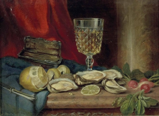 Stillleben mit Muscheln, Zitrone und Glas Wein by Johann Streitscheck ...