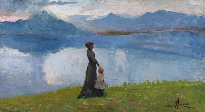 Mountain landscape with woman and a child by Angelo Landi on artnet