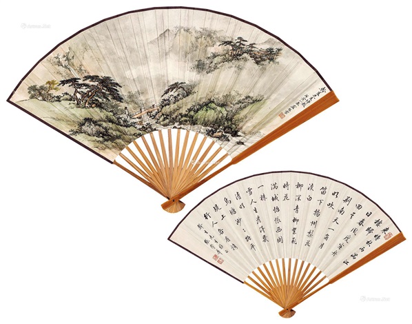 青山访友、行书 成扇 设色纸本 by Lu Zhenhuan and Zhang Xuehua on artnet