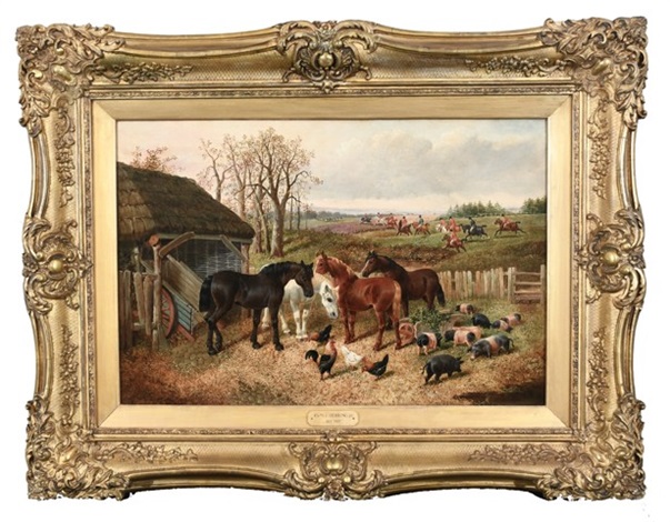 A farmyard with horses, chickens and pigs with a hunt beyond by Samuel ...