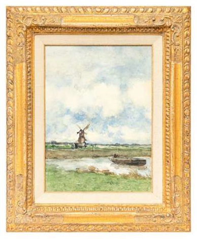 Polder landscape with windmill and a barge by Jan Hendrik Weissenbruch ...