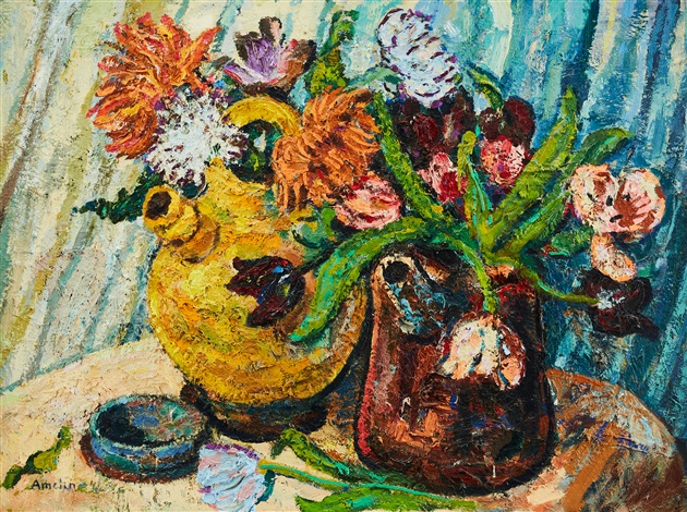 Astrar och tulpaner i krus by Albin Amelin on artnet