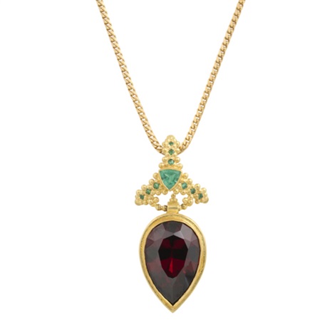 SIMON ICARUS BAIGENT, GOLD, GARNET AND EMERALD PENDANT NECKLACE by ...