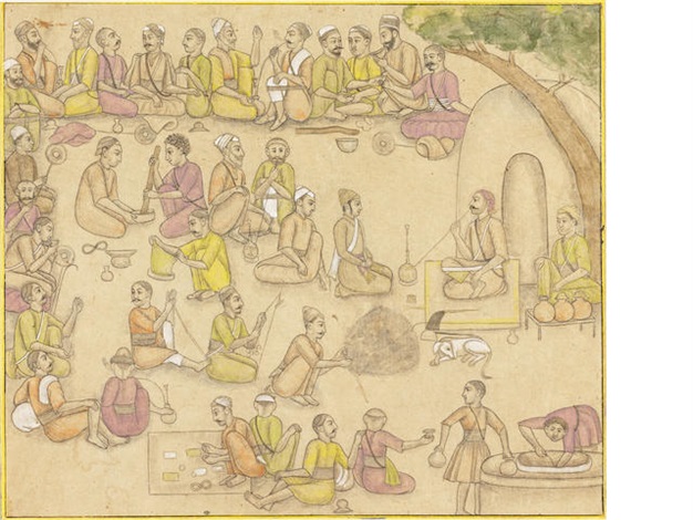 A village assembly with a headman holding court as others prepare Bhang ...