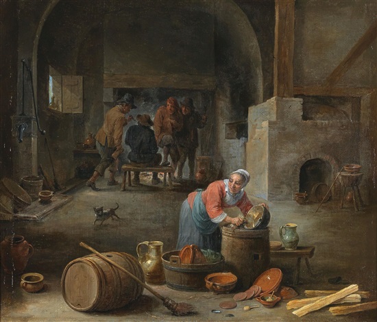 A scullery maid cleaning a copper bowl with peasants smoking in the ...