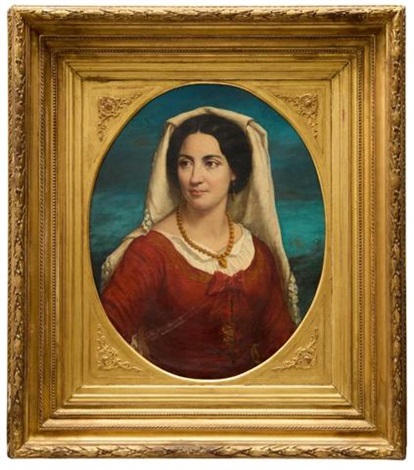 Portrait of a Neapolitan woman, half-length, wearing a red dress and ...