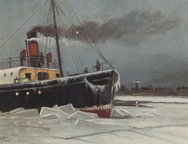 Evening scenery with an icebreaker at sea and a lighthouse by Hans ...