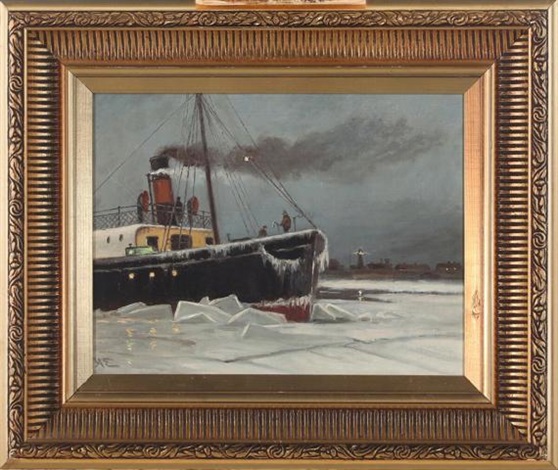 Evening scenery with an icebreaker at sea and a lighthouse by Hans ...