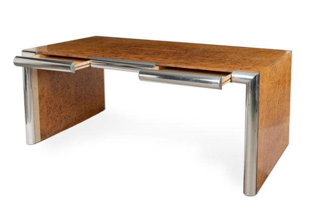 Sir Terence Conrans burr oak and nickel-plated desk from Butlers Wharf ...