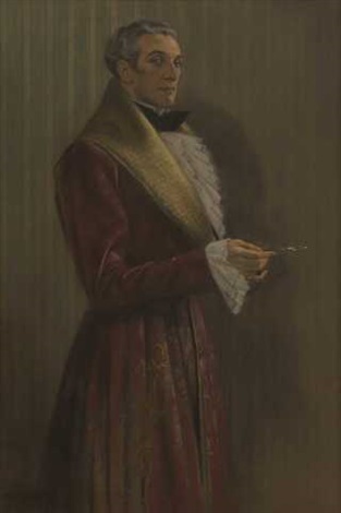 Portrait of Jerry Wright-Luff, three-quarter length, in a red coat by ...