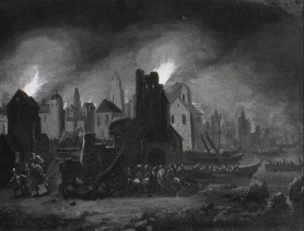 The sacking of Troy with Aeneas and his family fleeing by Egbert ...