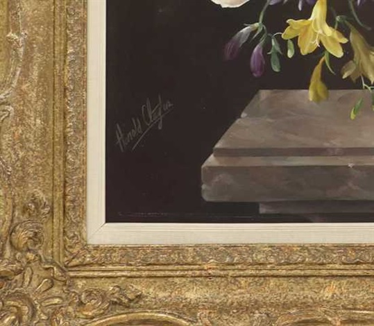 A vase of flowers on a stone ledge by Harold Clayton on artnet