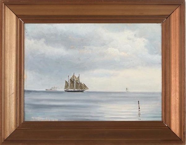 Marine with sailing ships and a steamer on a calm and slightly cloudy ...