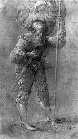 A bearded soldier in a feathered hat holding a sword and lance by ...