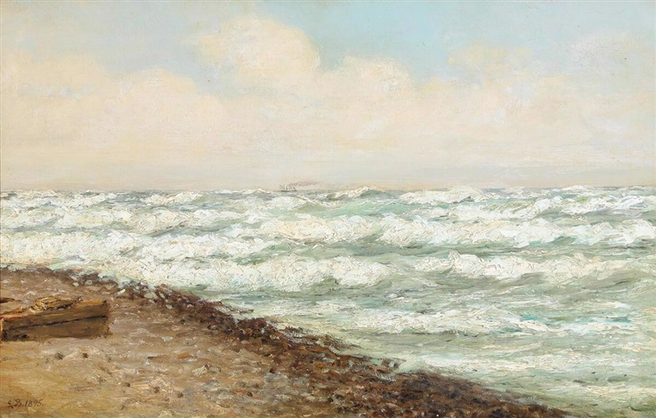 Coastal view with a sailing ship in the horizon by Louise Marie ...