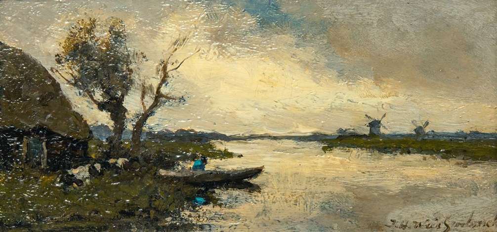 Farm in the polder, mills in the distance by Jan Hendrik Weissenbruch ...