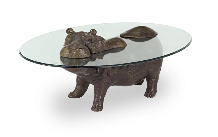 A limited edition patinated bronze and glass Hippo Childhood coffee ...