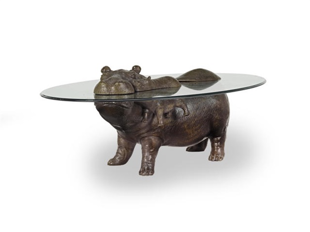 A limited edition patinated bronze and glass Hippo Childhood coffee ...