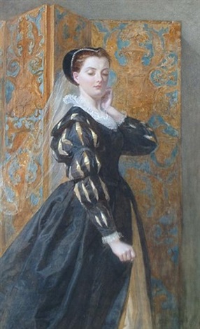A lady in Elizabethan costume standing before a screen by Walter ...