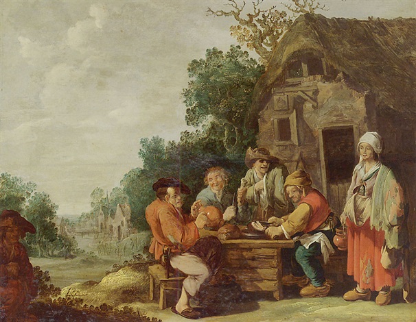 Peasants eating and drinking in front of an inn, with a maid serving, a ...