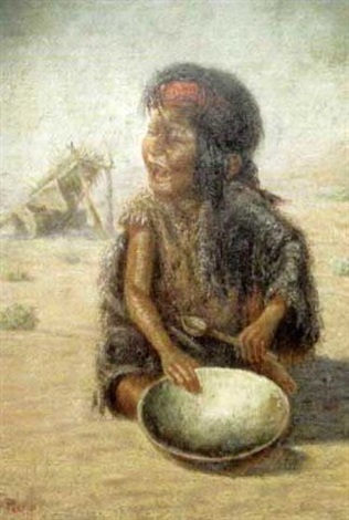Portrait of a crying Native American child holding an empty bowl and ...