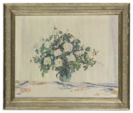 White roses in a cut-glass vase by James Stewart Carstairs on artnet