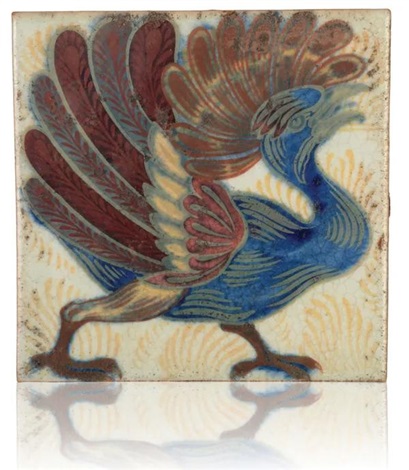 A RARE TRIPLE LUSTRE LATE FULHAM PERIOD TILE ORNATE BIRD by William de ...